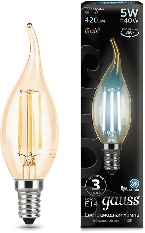 Лампа филам. Gauss Filament 5Вт цок: E14 свеча 220B 4100K св. свеч. бел. нейт. (упак:1шт) (104801805)