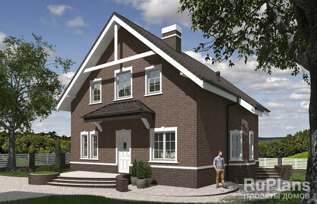 Одноэтажный жилой дом с мансардой, террасами, эркером и балконом (139 м2, 10м x 10м) Rg5508