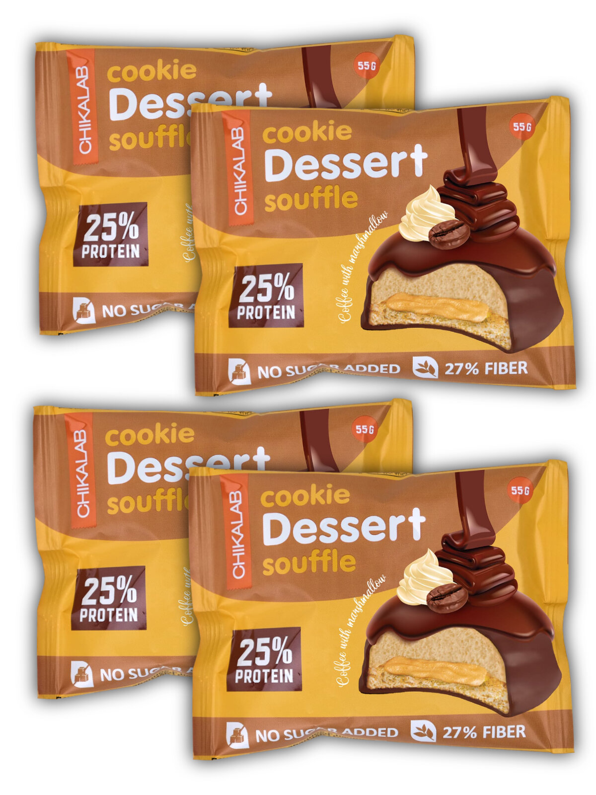 Протеиновый батончик Chikalab Печенье глазированное с начинкой и суфле 4 х 55 г, Кофе с маршмэллоу