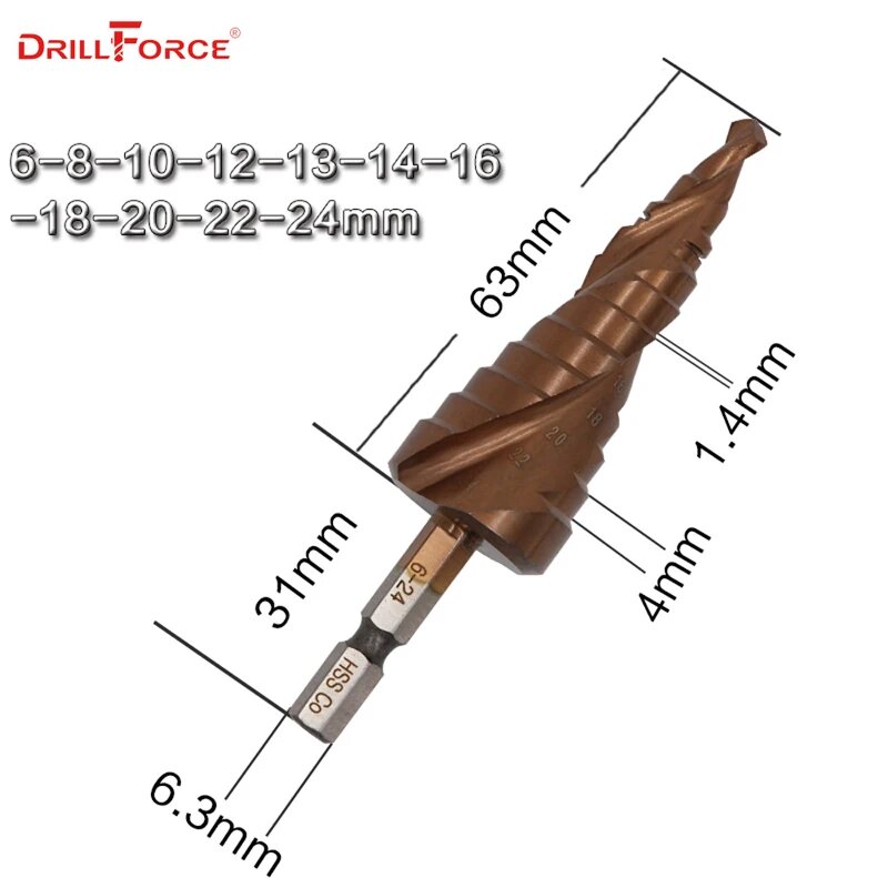 DRILLFORCE Ступенчатое сверло кобальтовое HSS M35 5% 6-24mm