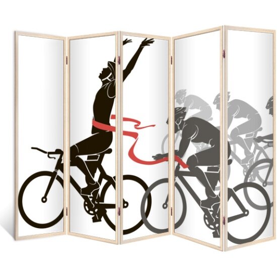 Ширма перегородка Декор Депо для комнаты деревянная "Веломарафон" двухсторонняя с картинкой (спорт) 5 створок кремовый дуб 176х230 см 18 кг