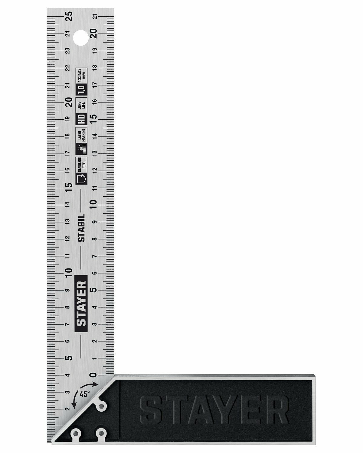 Столярный угольник STAYER 250 мм с алюминиевой рукояткой и линейкой из нержавеющей стали точность 1 мм на метр