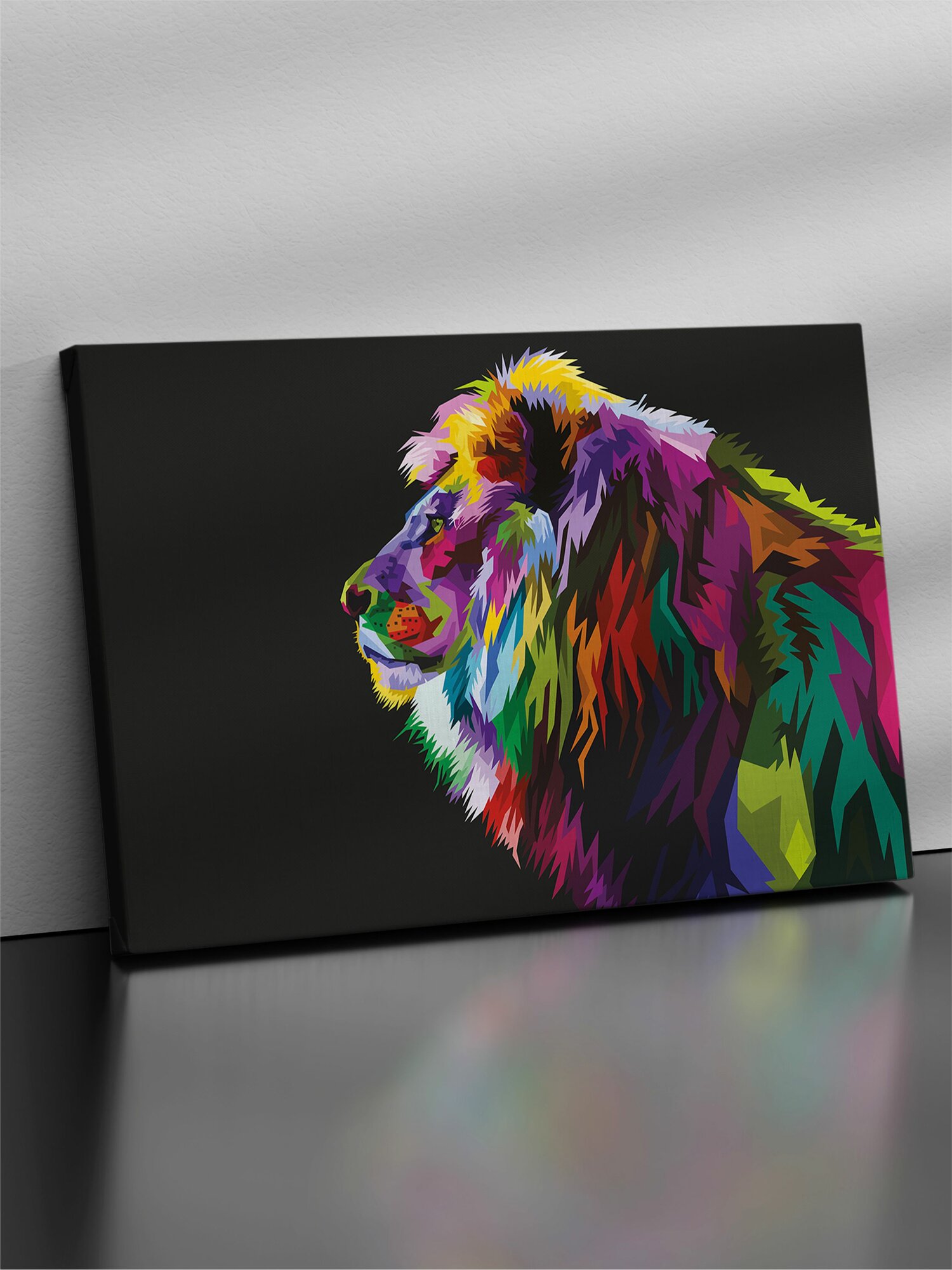 Картина для интерьера на стену поп-арт. Лев на чёрном фоне 40х60 см на холсте на подрамнике