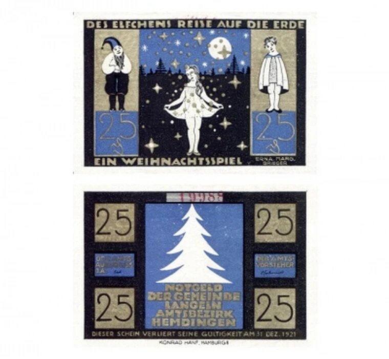 Нотгельд 25 пфеннигов 1921 Германия, Лангельн, сувенирная копия, банкноты и купюры редкие коллекционные
