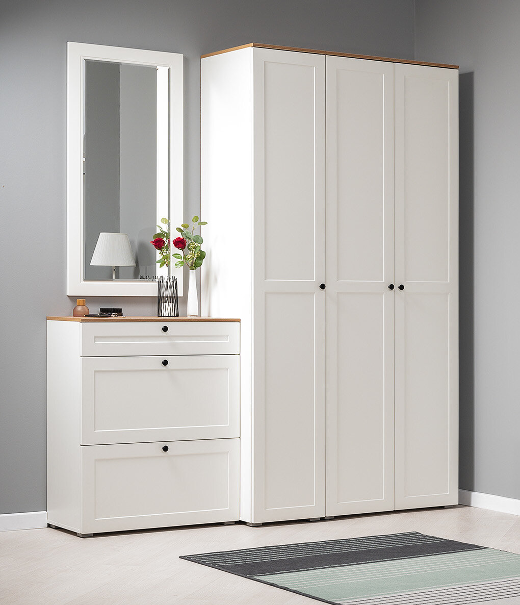 Прихожая Моби Остин №40 с обувницей и зеркалом цвет белый шагрень/дуб крафт золотой, ШхГхВ 200 х 54,3 х 229,6 см