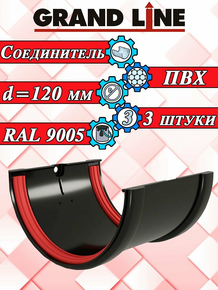 Соединитель желоба 3 штуки Grand Line ПВХ черный RAL 9005 (d 120 мм) для водосточной системы Гранд Лайн (120/90), комплект элементов водостока для крыши