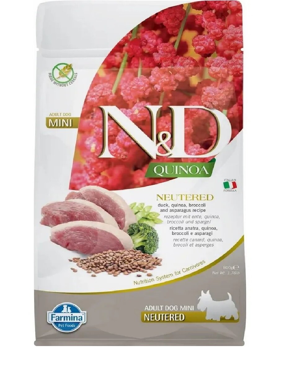 Farmina Корм сухой ND DOG GF Quinoa Duck, Broccoli & Asparagus Neutered Adult mini для стерилизованных и кастрированных собак мелких попрод 800 г