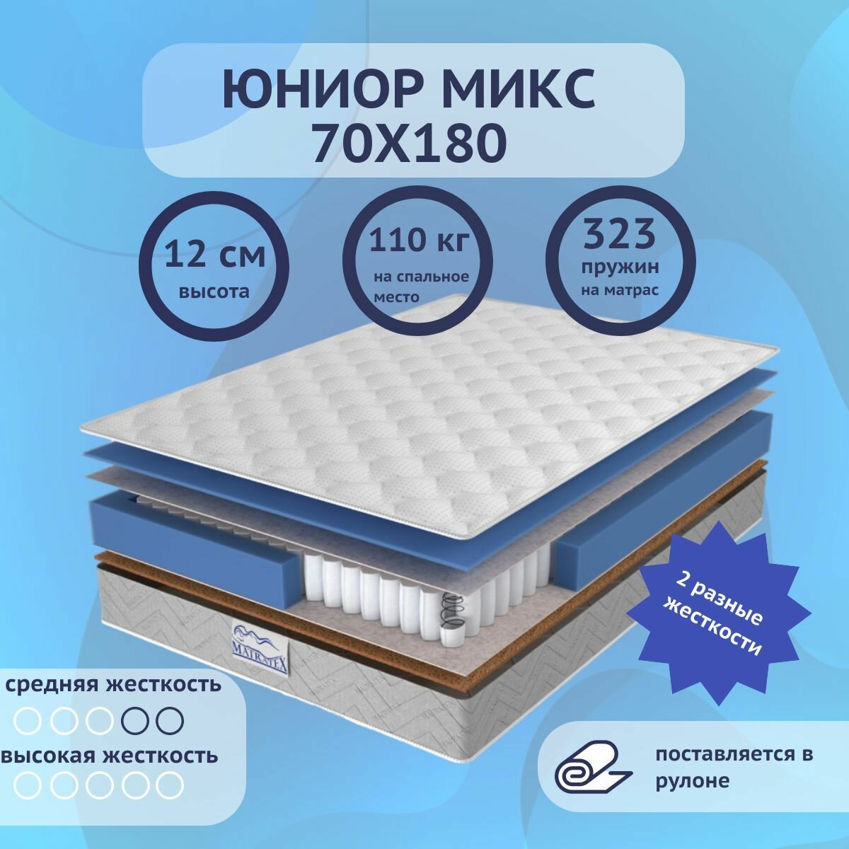 Matratex Матрас 70x180x12, независимые пружины, ортопедический, детский юниор микс