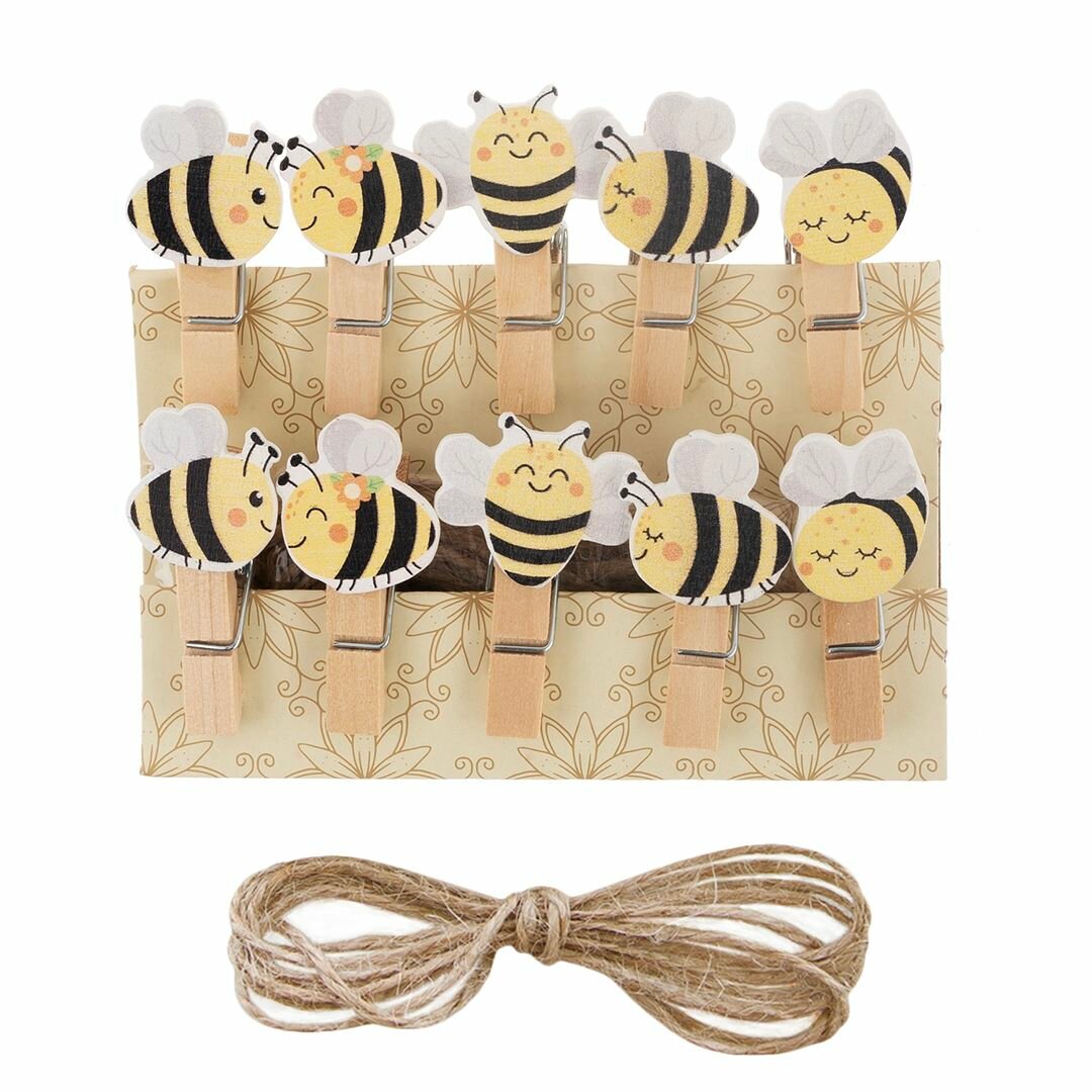 Декоративные прищепки Волна веселья Деревянные, Пчелки 3,5 см Ассорти, 10 шт