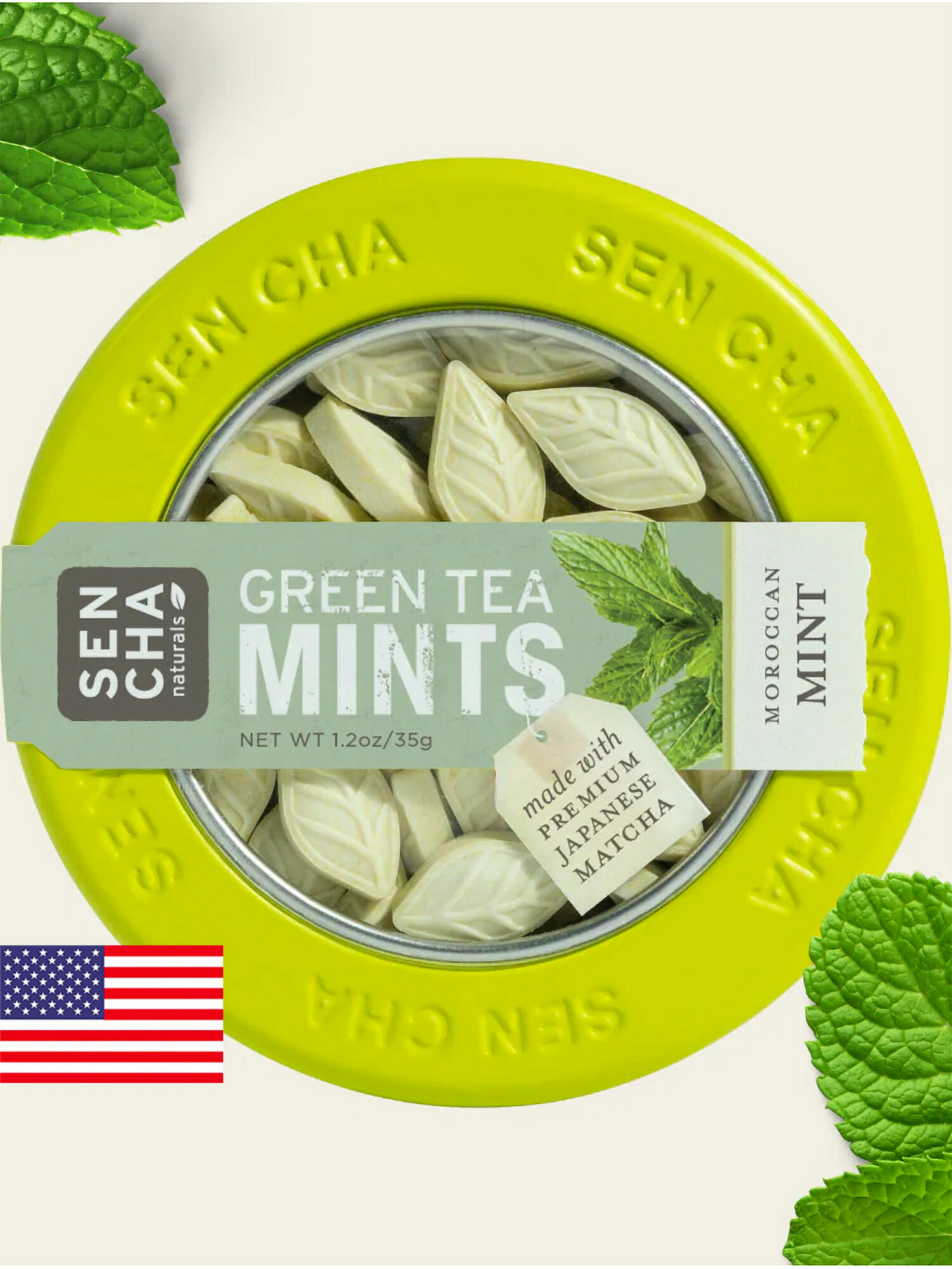 Натуральные мятные леденцы Sencha Naturals с зеленым чаем, 35 гр
