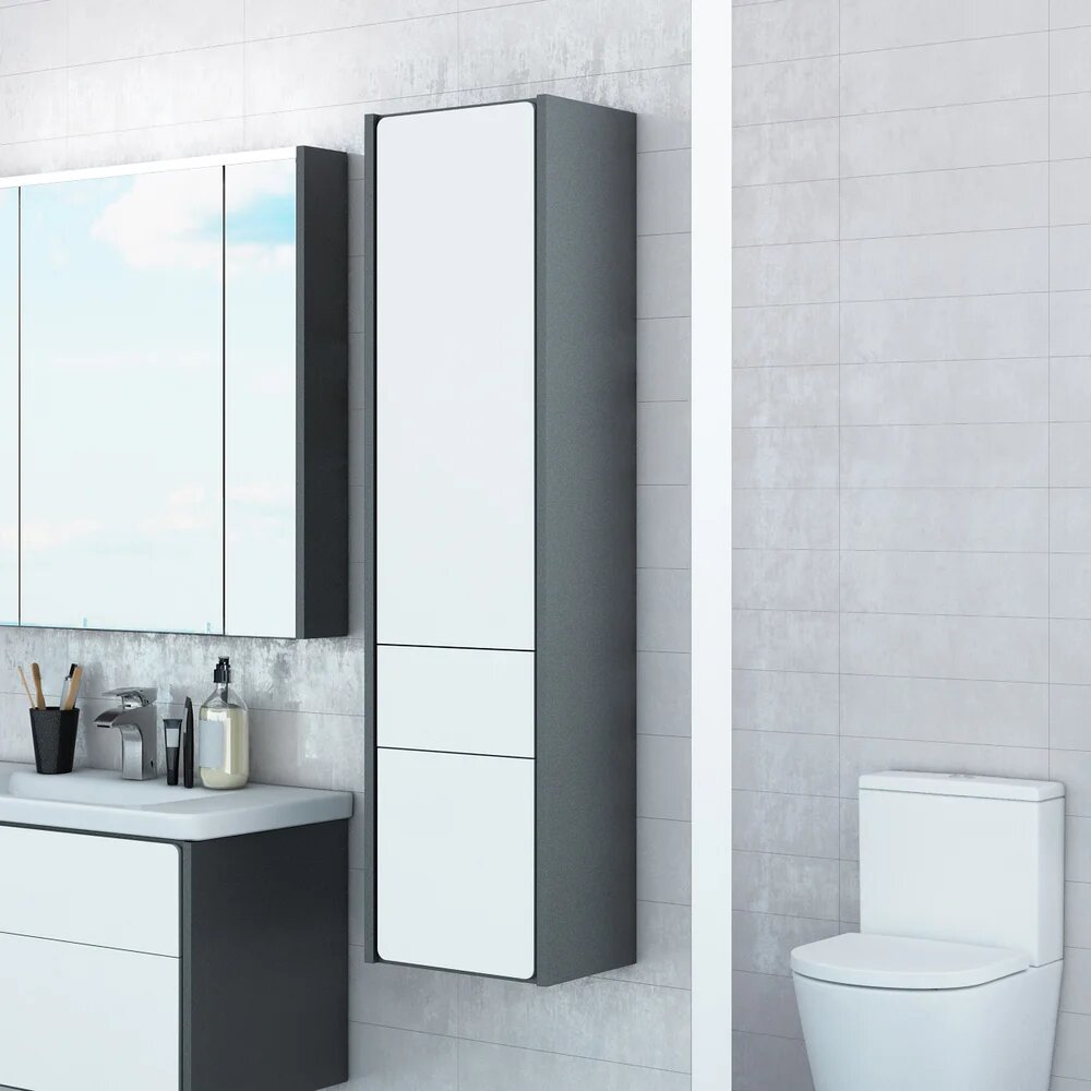 Шкаф-пенал для ванной Roca Ronda R подвесной, 32 см, белый, серый, глянцевый, с ящиком, с дверками, из МДФ, в стиле лофт