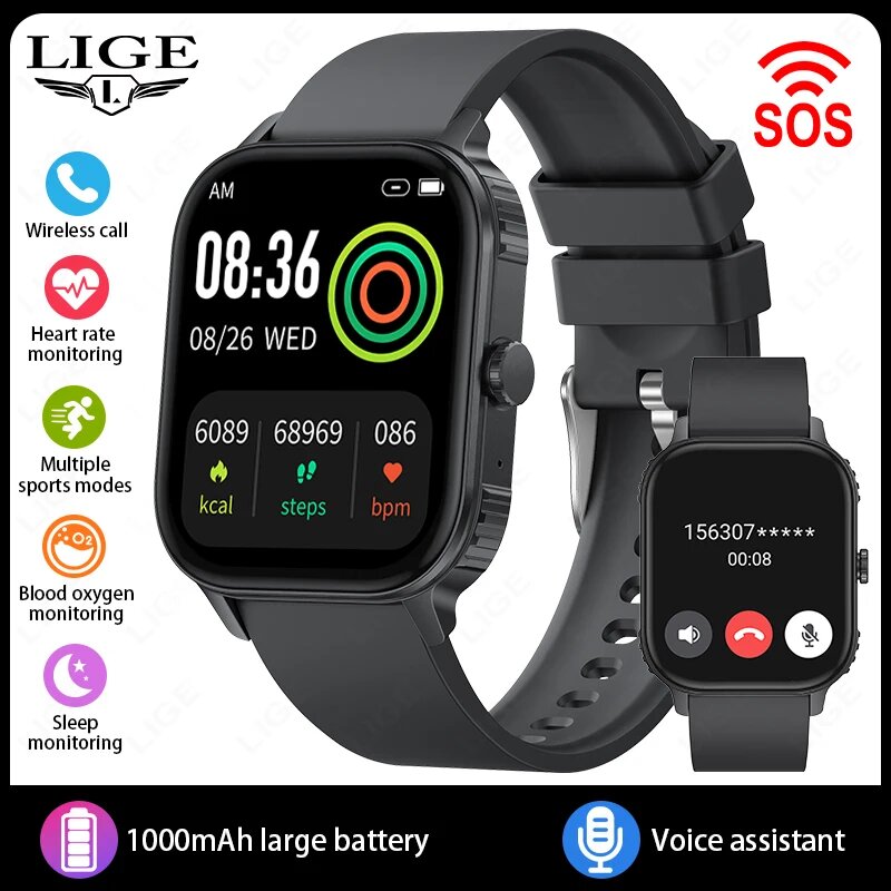 Умные часы LIGE черные 2.4" с SOS