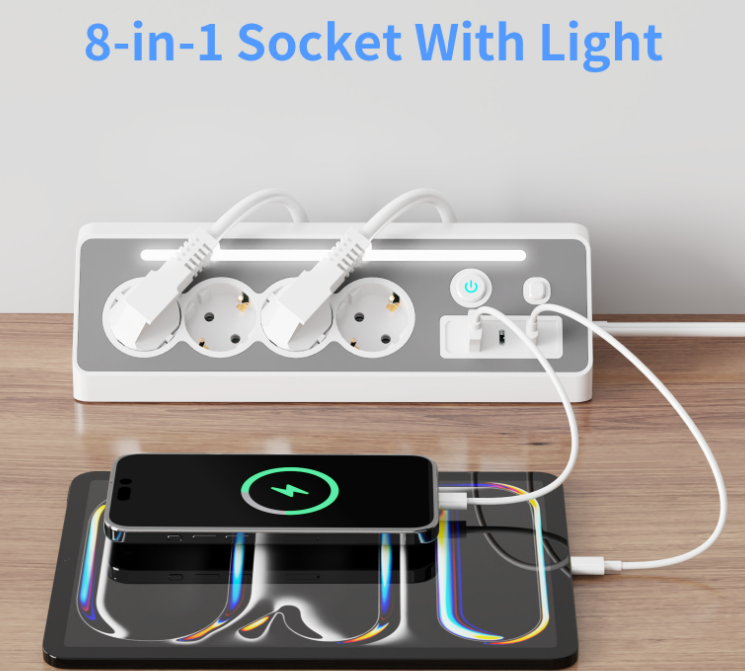 Розеточный блок, с LED-подсветкой, защита от перегрузки, 360Вт, белый, серый