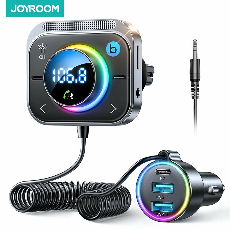 Joyroom Bluetooth 5.3 FM/AUX-передатчик Автомобильный адаптер Аудио FM-передатчик Bass Boost 3 порта PD & QC 3.0 FM Bluetooth Быстрое зарядное устройство, Black