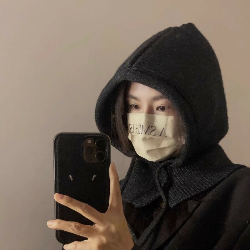Корейская шапка-балаклава для женщин, зимняя теплая шапка и шарф, интегрированная парная стильная шерстяная вязаная шапка с защитой ушей