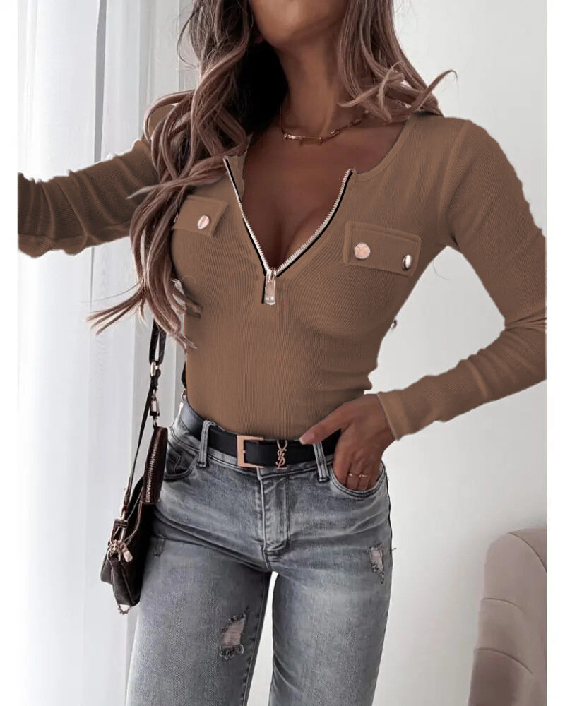 Amazon 2025 Новая женская облегающая кофта с V-образным вырезом, длинными рукавами и металлической молнией.