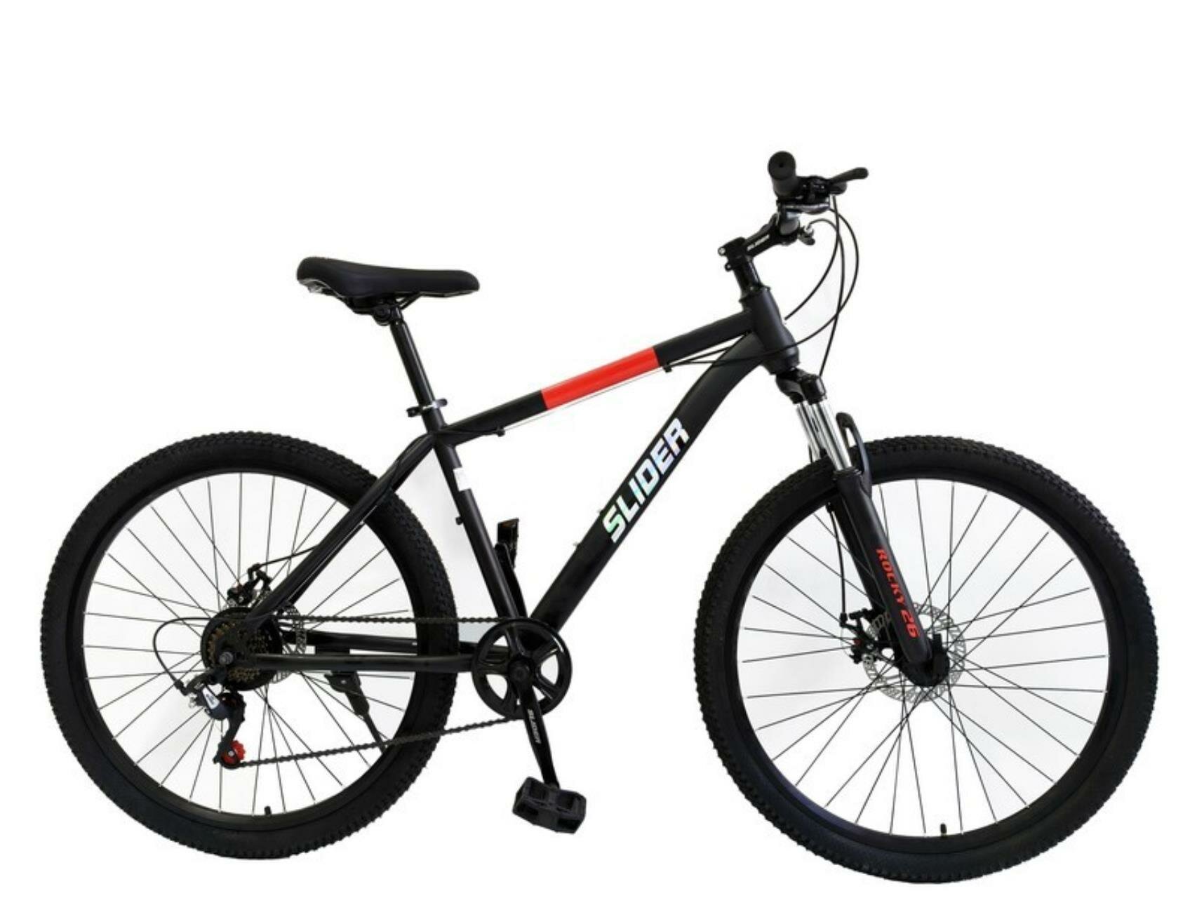 Велосипед 2-х колесный Slider Rocky, 26 дюймов, 7 скоростей, дисковый тормоз, вилка с амортизатором, цвет черный