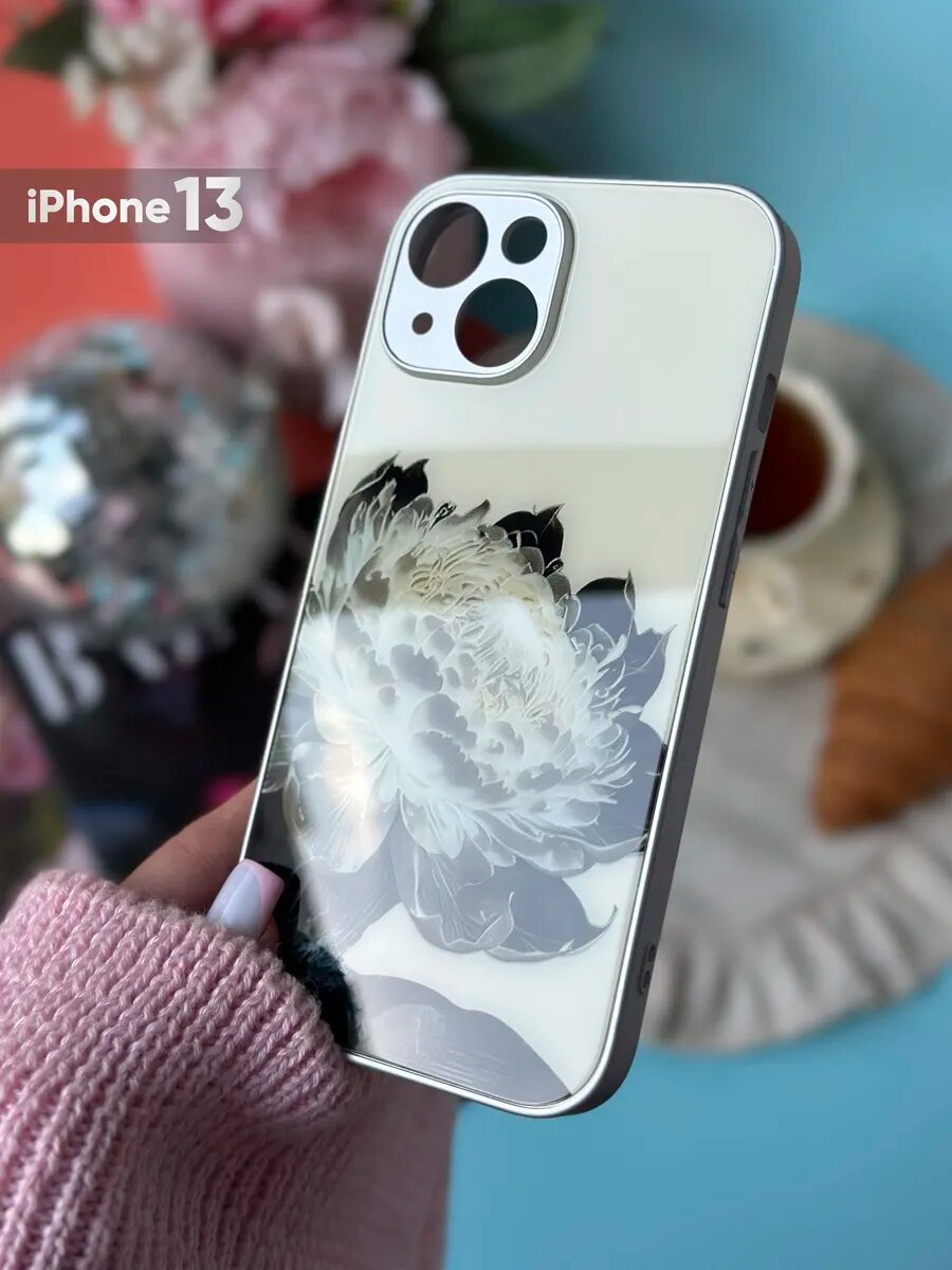 Чехол для iPhone 13 стеклянный с белым рисунком, глянцевая защитная накладка