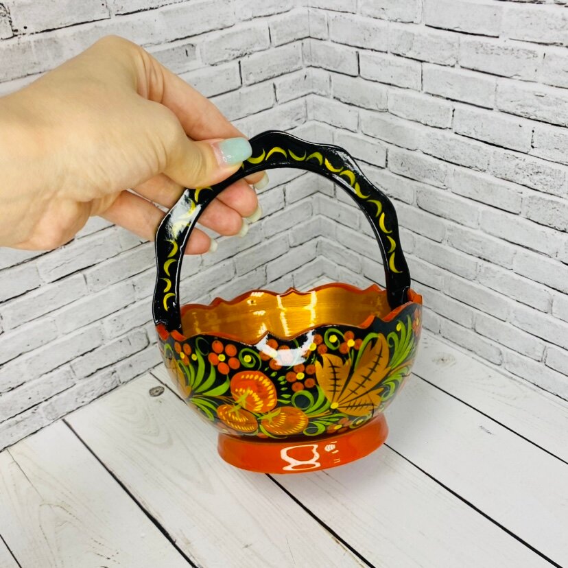 Конфетница с ручкой Хохлома, 15 см х 13 см