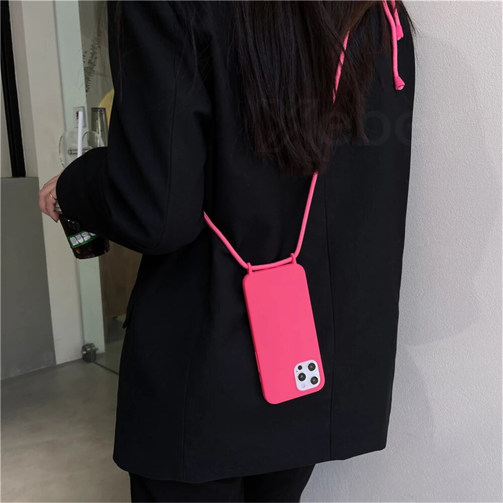 Жидкий силиконовый чехол с ремешком через плечо для iPhone 13 16 12 Черный, для айфона 15 Про, rose