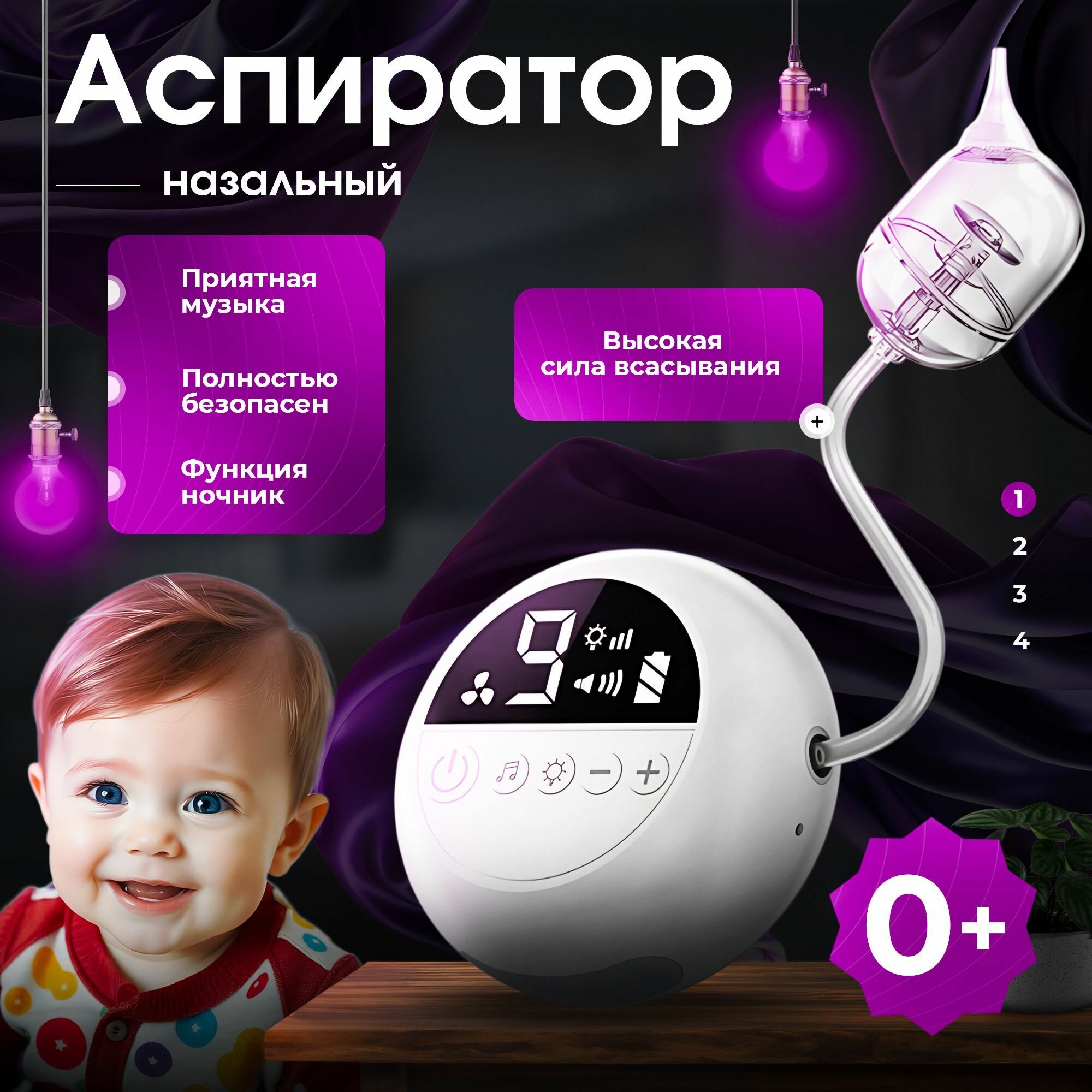 Аспиратор назальный электрический детский соплеотсос с музыкой и подсветкой для новорожденных