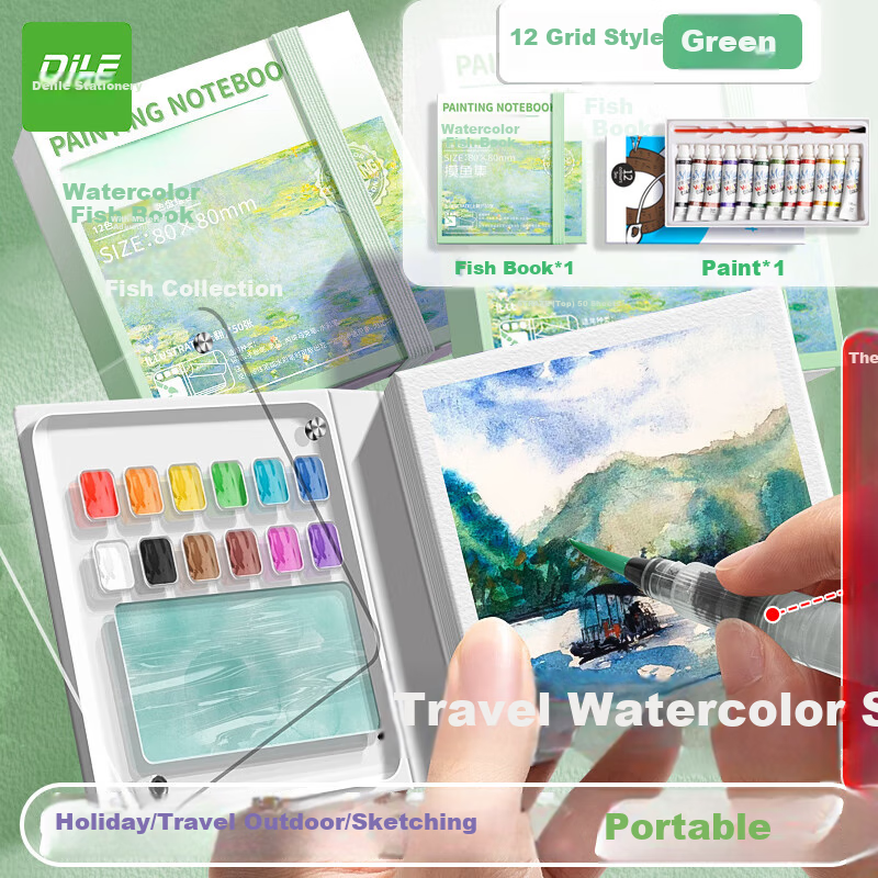 DiLe Mini Watercolor 12 Grid 12 Color Paint Box Acrylic Box Solid Watercolor Paint Portable Pocket Sketchbook Travel Painting Book Color Mixing Small Drawing Board Set KBX-2341B