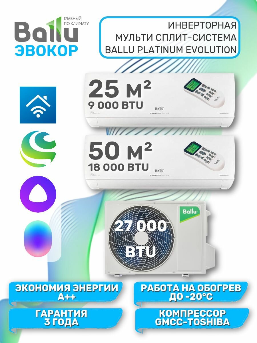 Инверторная мульти сплит-система Ballu Platinum Evolution на 2 комнаты BSUI-FM/in-09+18 HN8/EU BA3OI-FM/out-27HN8/EU