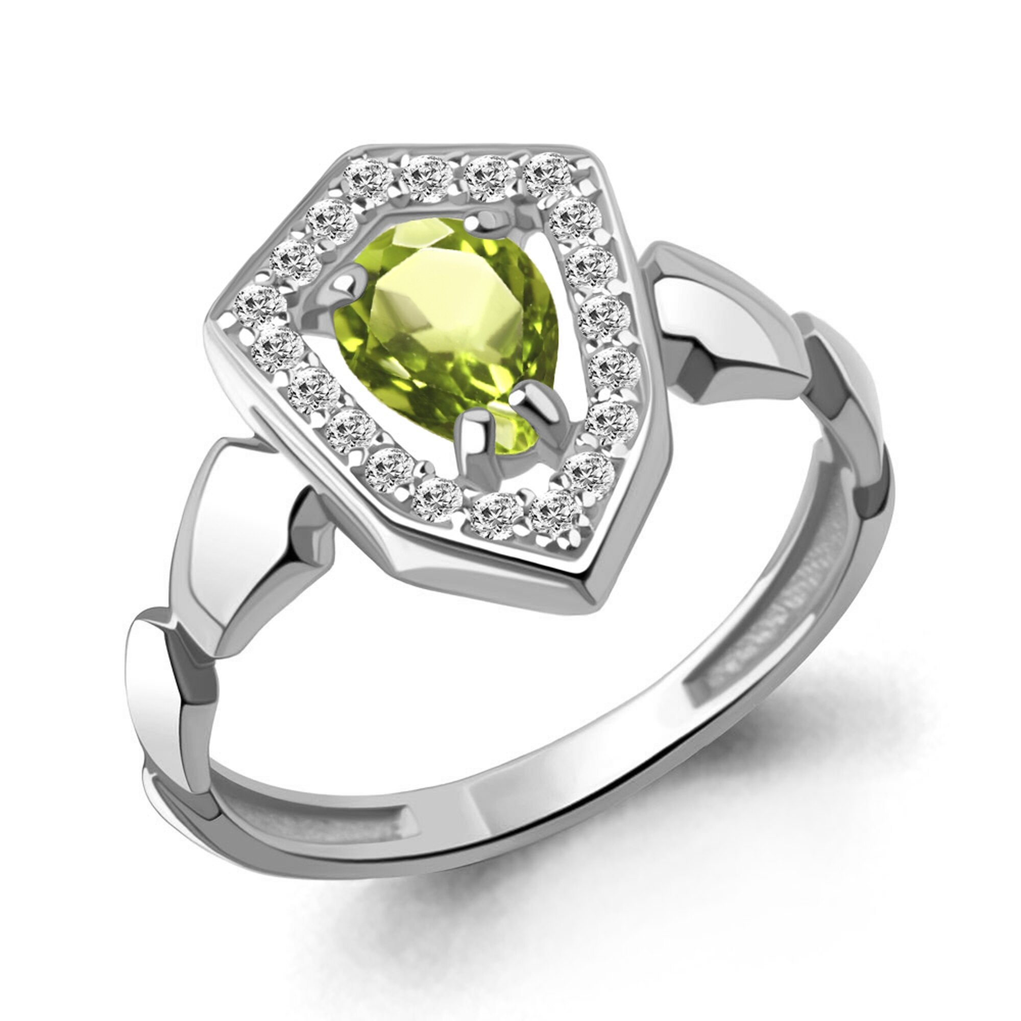 Кольцо, серебро, 925 проба, родирование, фианит, хризолит