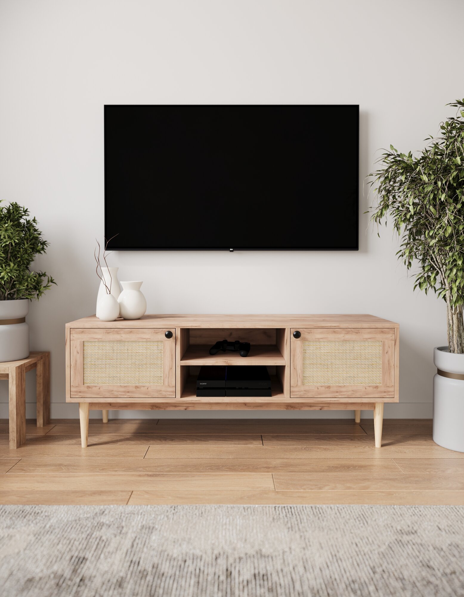 Тумба под телевизор VILAF "Дуб Крафт Золотой", на ножках, ЛДСП, ротанг, 120х48х40 см