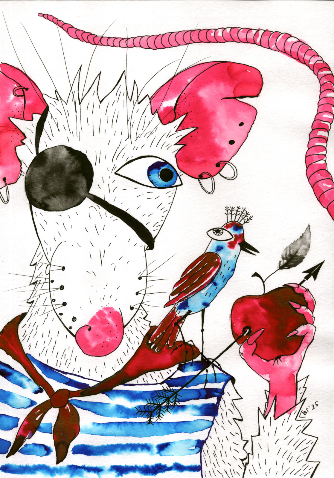 Картина "Крыса-пират", ручная работа, чернила с блеском, линер, бумага, 30х21 см