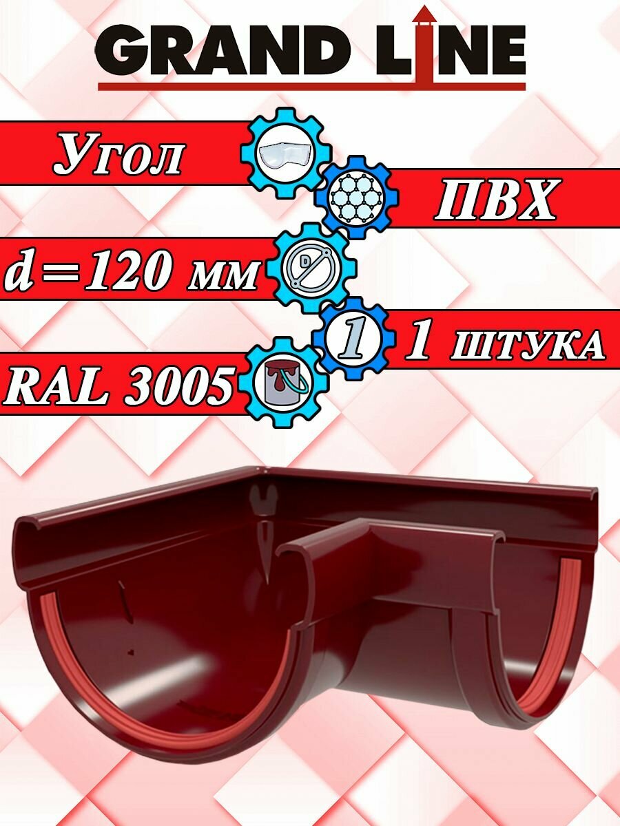 Угол желоба 1 штука 90 Grand Line внешний/внутренний ПВХ вишневый RAL 3005 (d 120 мм) для водосточной системы ГЛ (120/90), красный элемент водостока для крыши