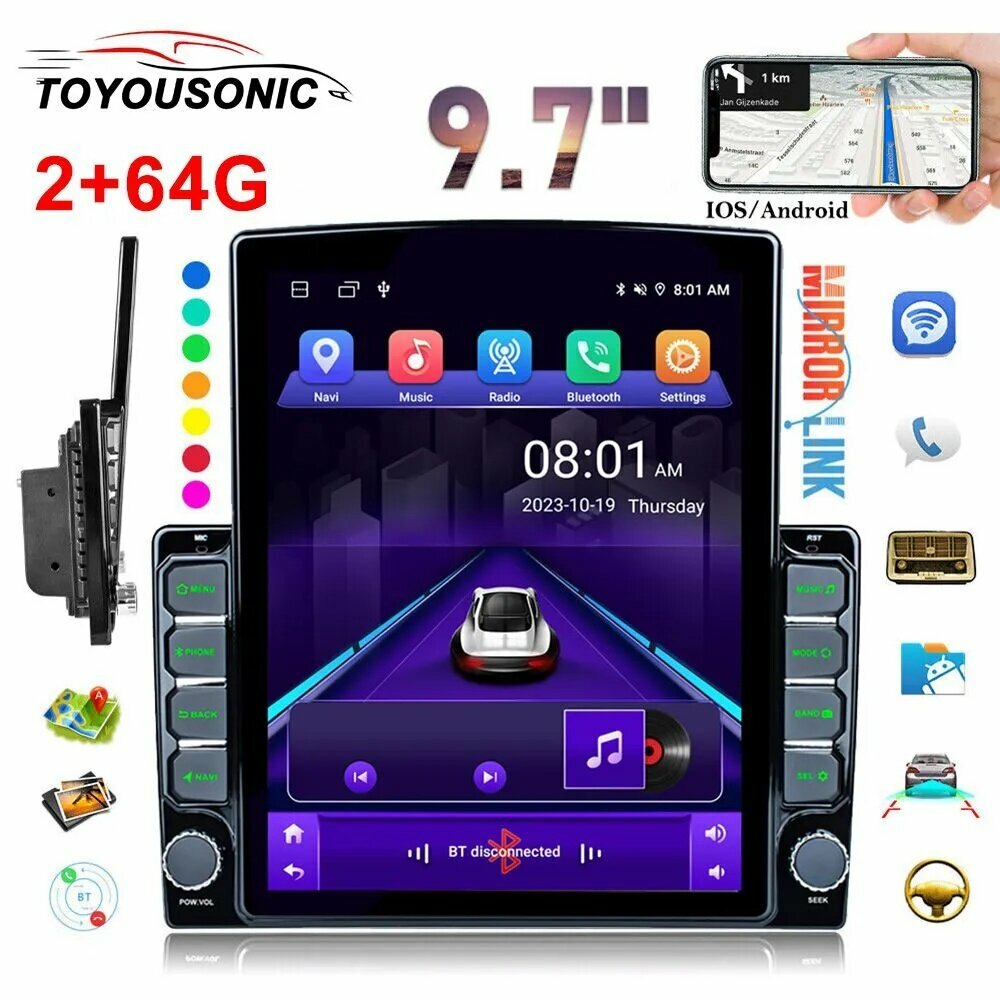 TOYOUSONIC Автомагнитола, диагональ: 9.7", 2 DIN, 2ГБ/64ГБ