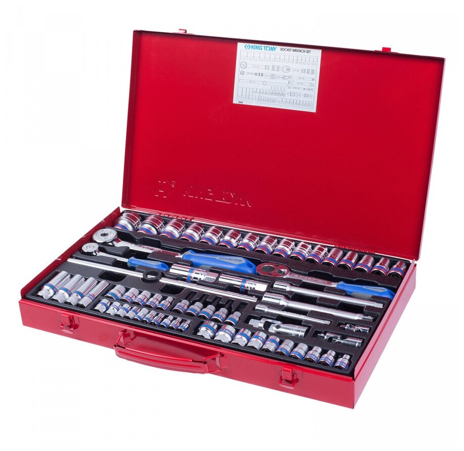 KING TONY Набор торцевых головок с принадлежностями 1/4"&3/8"&1/2", шестигранные, 4-32 мм, 62 пр. 9564MR