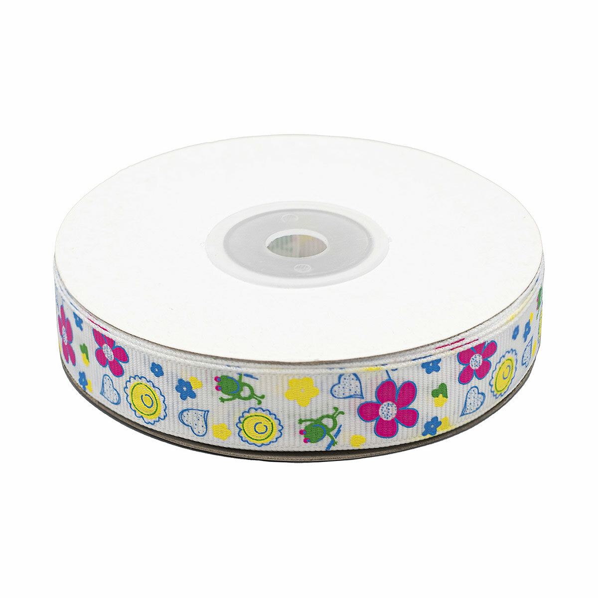 Лента декоративная, упаковочная, репсовая, 1,5 см х 22,86 м, рисунок 'Сердечки и цветы', цвет белый