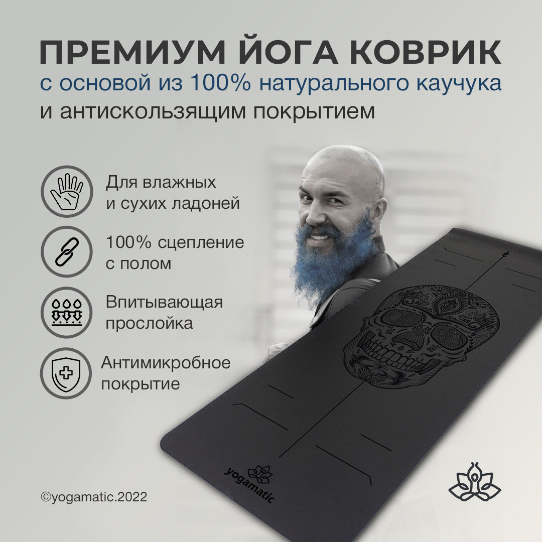 Коврик для йоги и фитнеса каучуковый нескользящий c чехлом - Арт Йогаматик Premium Череп 185x68x0.4 см тёмно-серый, черный