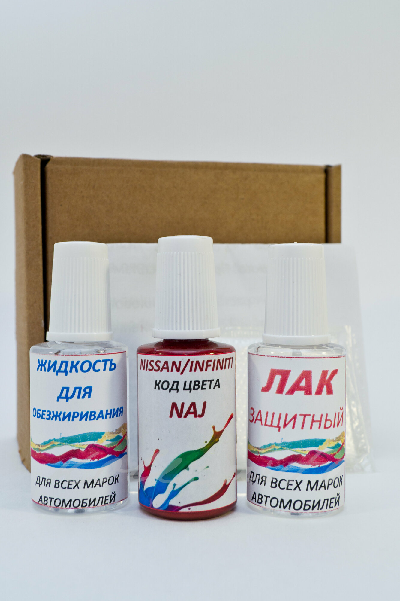 Подкраска для сколов во флаконе с кисточкой NAJ для NISSAN / INFINITI Красный Перламутр, Alizarin Crimson, краска+лак+обезжириватель 3 предмета