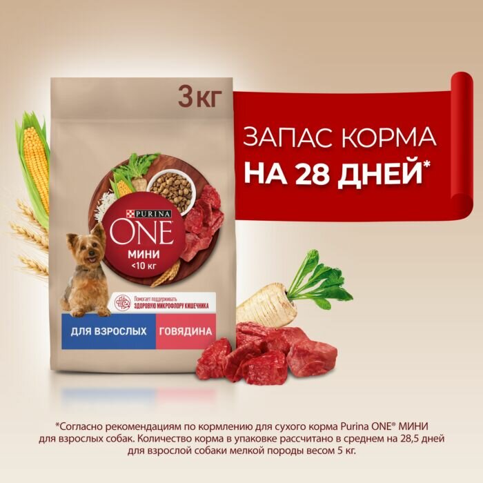 Purina One Мини сухой корм для взрослых собак мелких пород, с высоким содержанием говядины и рисом - 3 кг