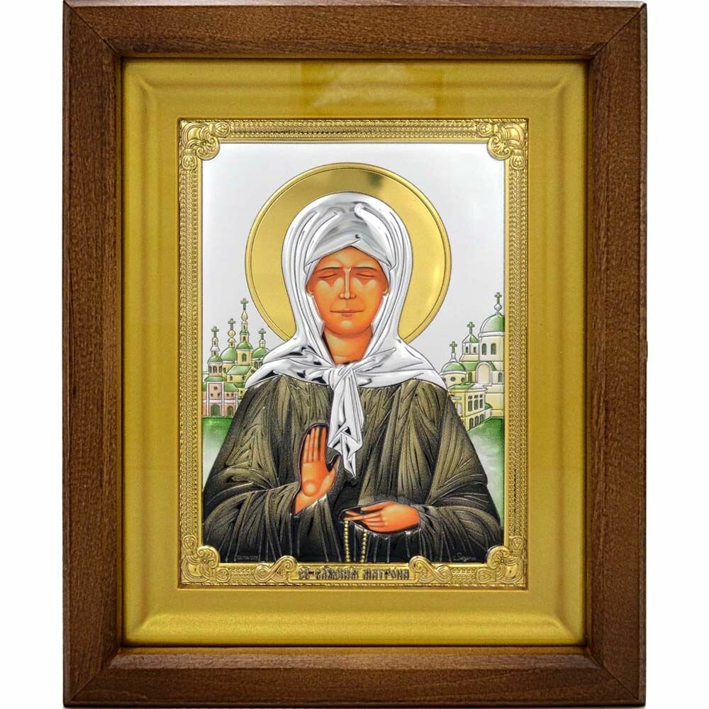 Икона Матроны Московской в серебряном окладе, в деревянном киоте. (13,5 х 18,5 см / 20 х 25 х 6 см / В киоте под стеклом (с цветным лаком))