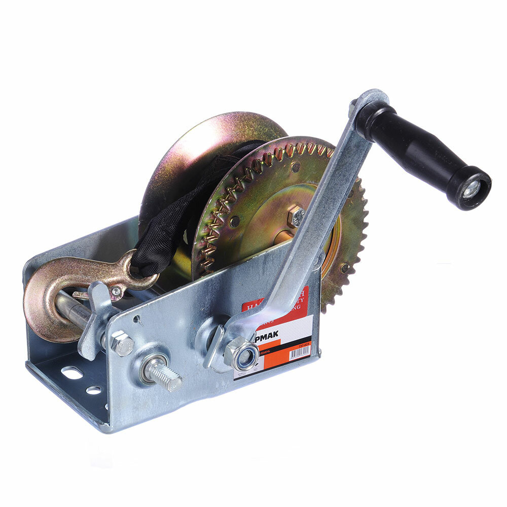 Лебёдка ручная барабанная ермак 1,36 тонны, длина троса 8 м (трос-ремень)