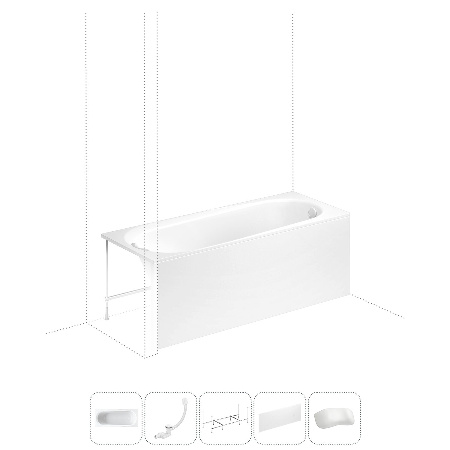 Акриловая ванна 160x70 с каркасом и экраном Lavinia Boho Biore 202011651 в наборе 5 в 1: прямоугольная ванна 160 x 70 см, слив-перелив, каркас, экран, подголовник