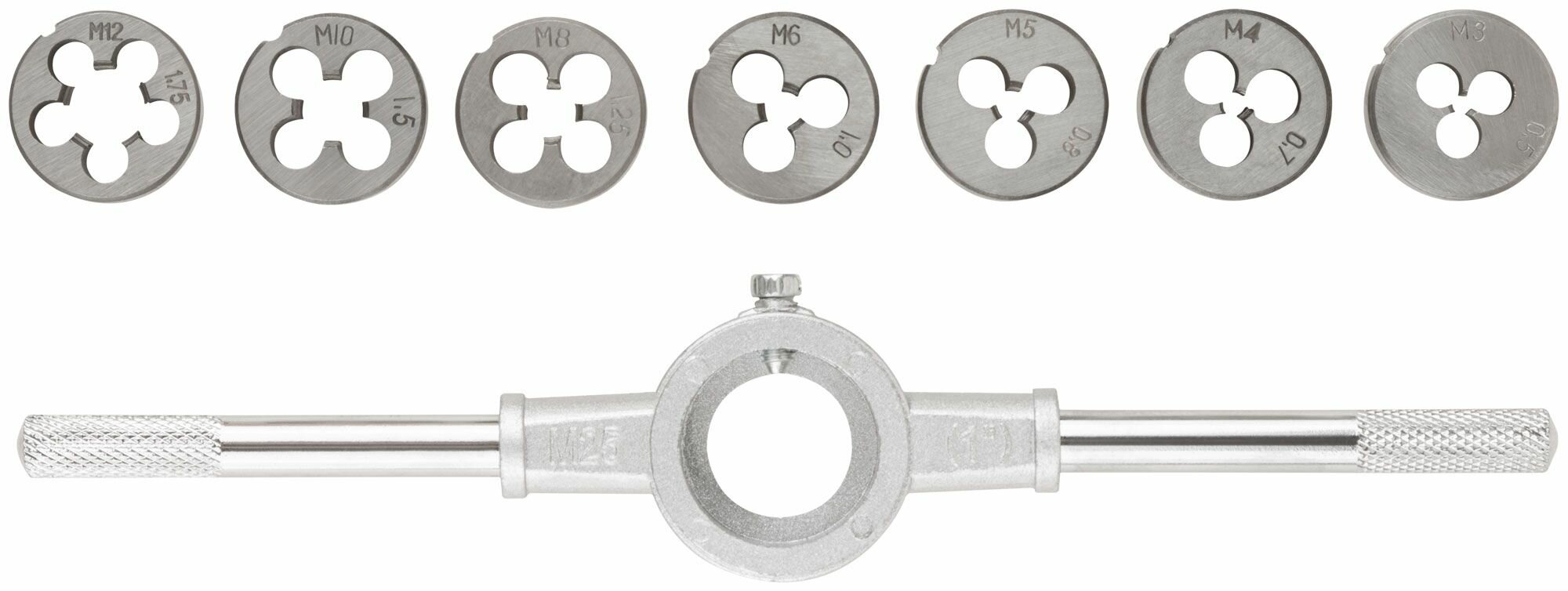 Плашки метрические, легированная сталь Профи 8 шт. М3-М12, плашкодержатель, блистер
