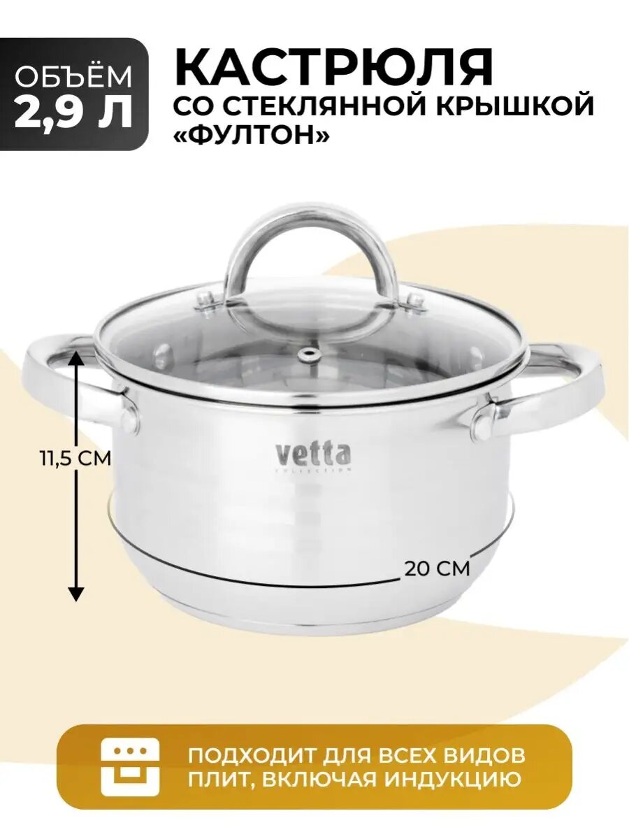 Кастрюля из нержавеющей стали с крышкой 2,9 литр, для индукции