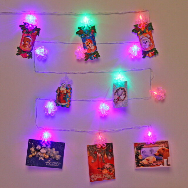 Светодиодная гирлянда Прищепки Снежинки 4 м, 20 разноцветных ламп, прозрачный ПВХ, IP20, Serpantin, 183-0096