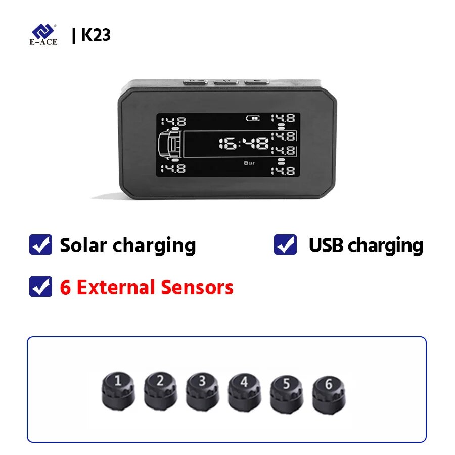 Автомобильная система контроля давления в шинах TPMS, солнечная зарядка, ЖК-дисплей, 6/8/10/12 датчиков, сигнализация безопасности давления и температуры в шинах K23-6 Sensors