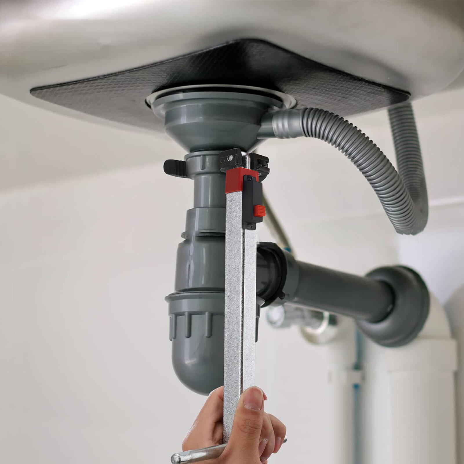 Гибкий ключ для раковин 250 мм с поворотными головками 180 градусов, телескопический ключ для раковин и мойтинок, сантехнический инструмент для диаметра 10мм до 64мм, черное покрытие, из высокоуглеродистой стали, сжимные губки с пружиной, 1 ключ для