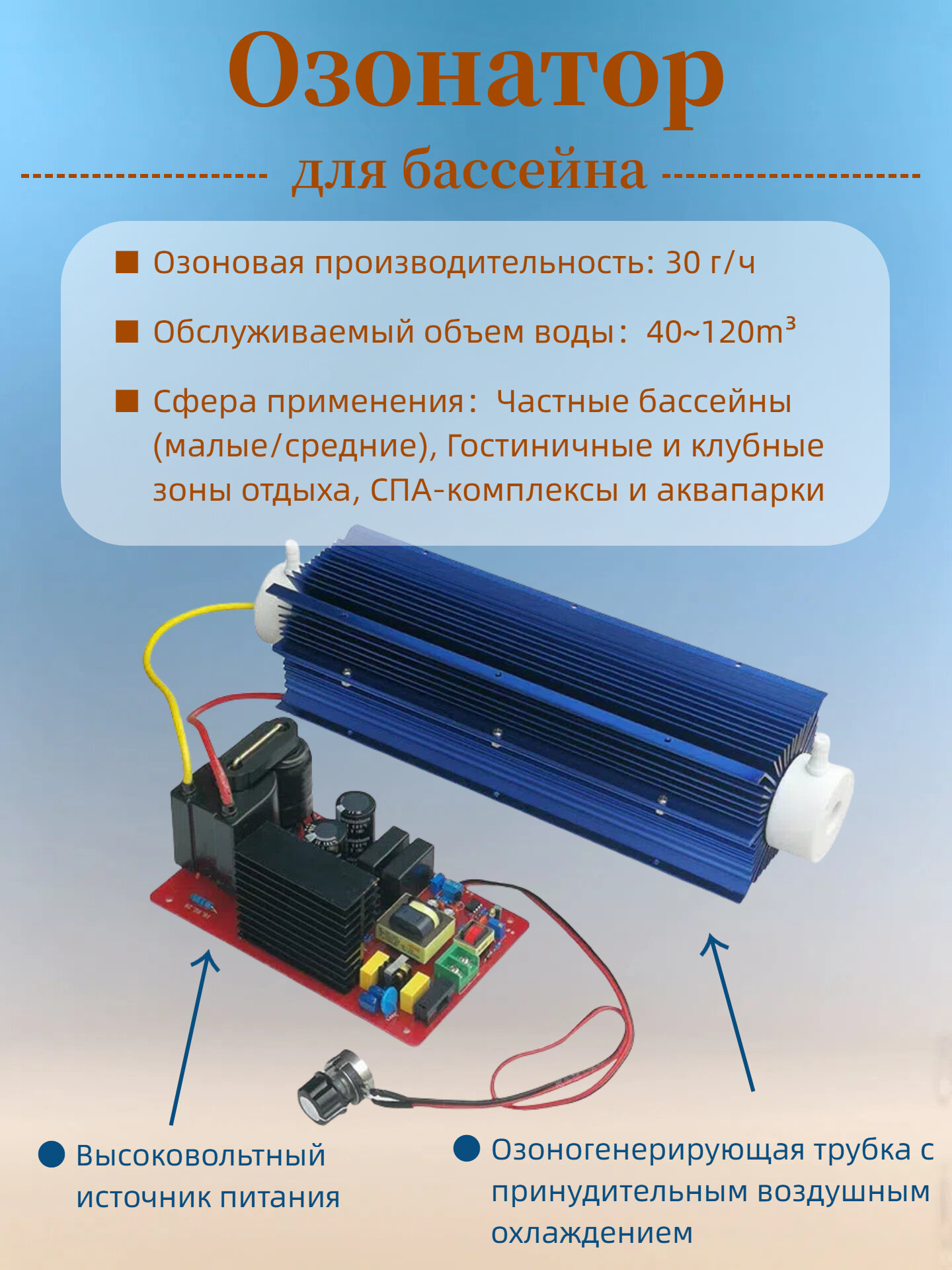 Озонатор для бассейна 30 г/ч, Воздушное охлаждение, Применимый расход воды: от 40~120 м³/ч