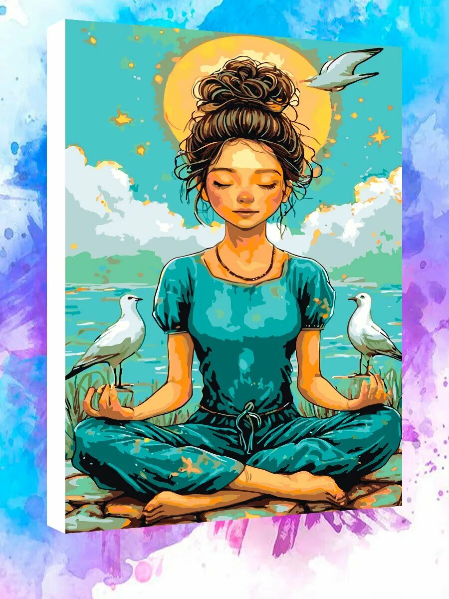 Картина по номерам Медитация Йога_Девушка_Море_Птицы