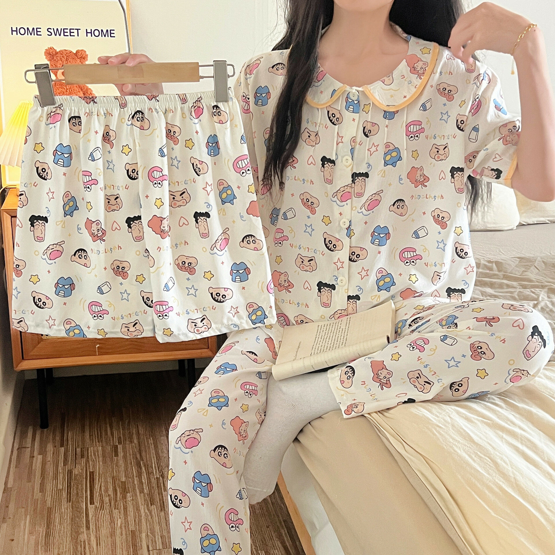 Женская пижама-тройка с воротником-«облаком», шорты и брюки с короткими рукавами, домашняя одежда, размер: L