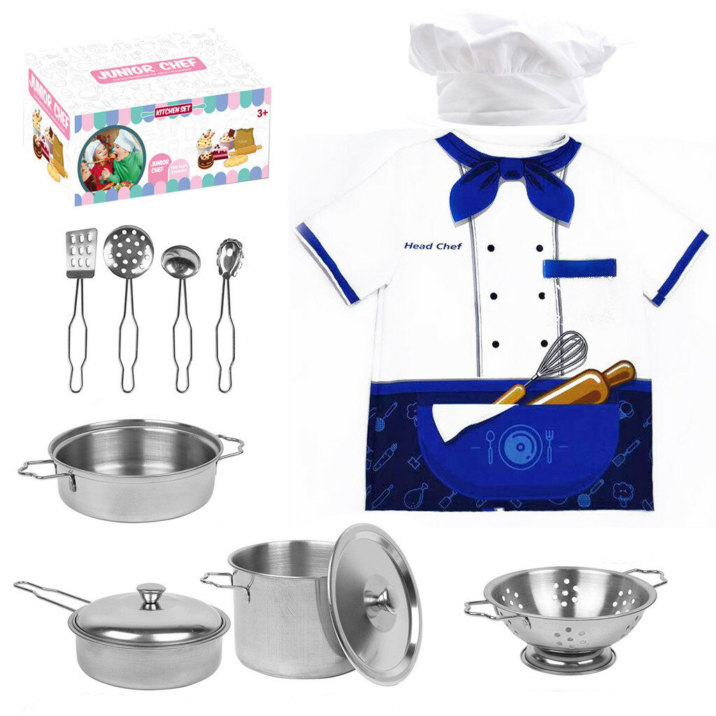 Игровой набор для детей кухня с ярким костюмом повара и прочной нержавеющей сталью кухонной утварью для воображаемых игр