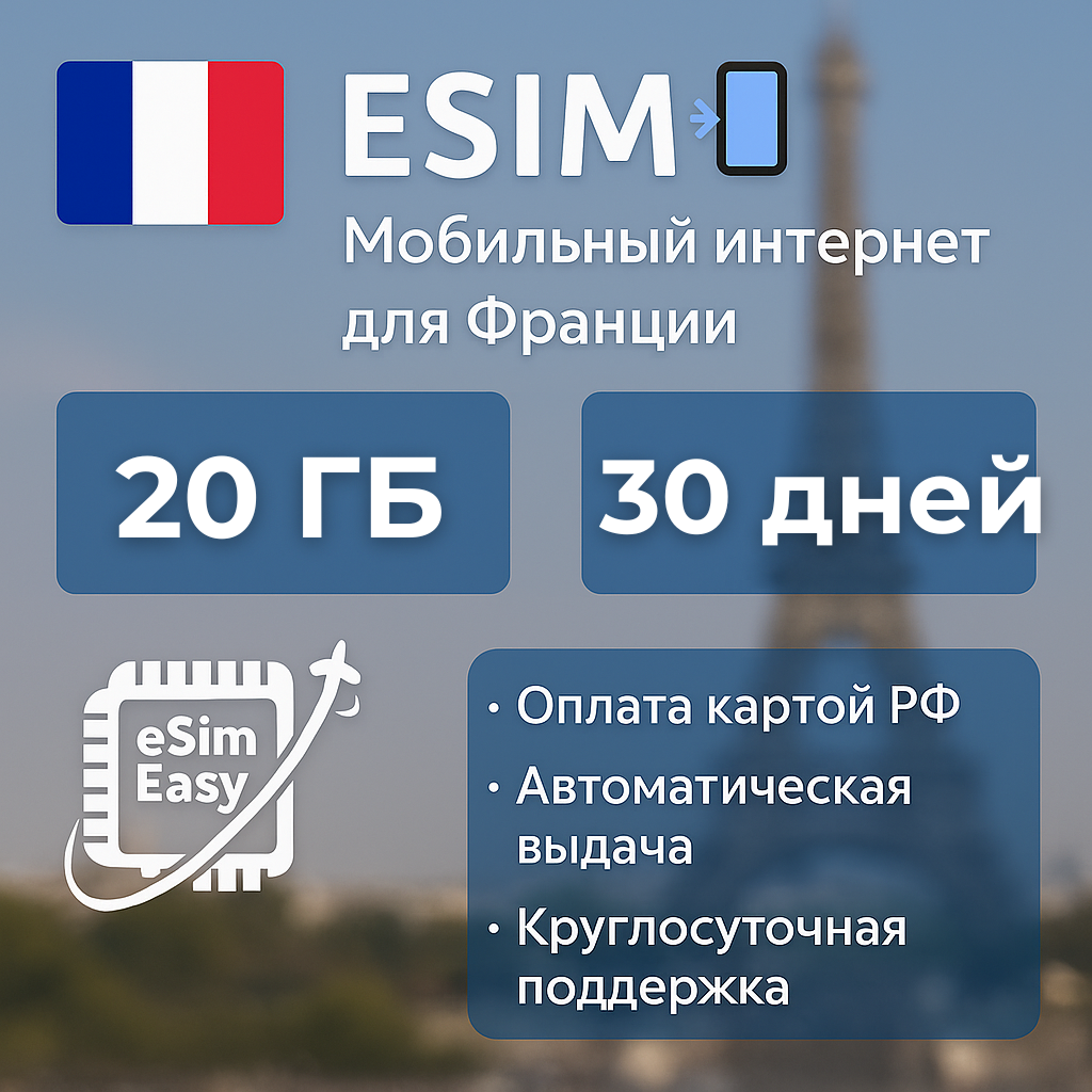 ESIM, 20 гб на 30 дней, для интернета во Франции, для телефона и планшета, 5G, 4G, 3G, электронный ключ